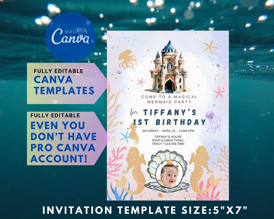 Editable Birthday Invitation, Cute Little Mermaids, Under the Sea ...