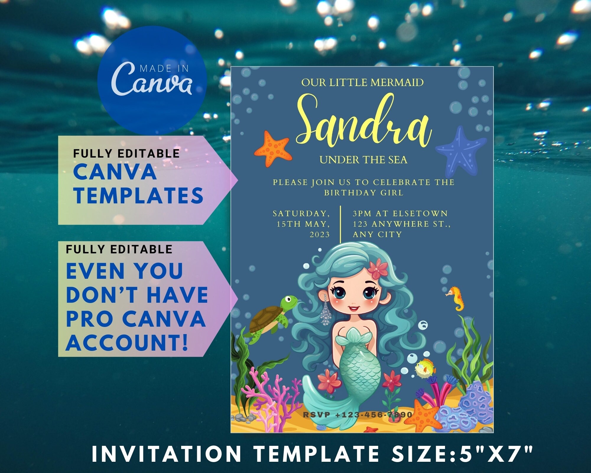 Editable Birthday Invitation, Cute Little Mermaids, Under the Sea ...