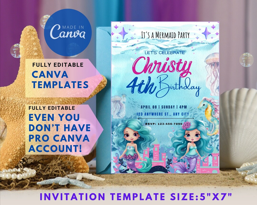 Editable Birthday Invitation, Cute Little Mermaids, Under the Sea ...
