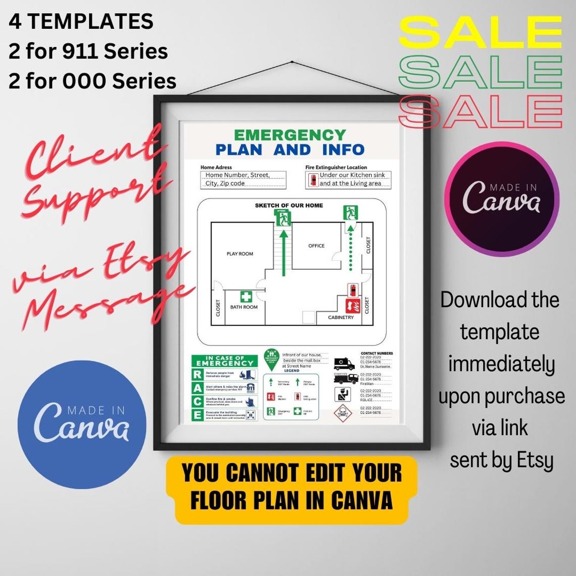 Evacuation Diagram Emergency Fire Escape Plan Editable Airbnb Signs in ...
