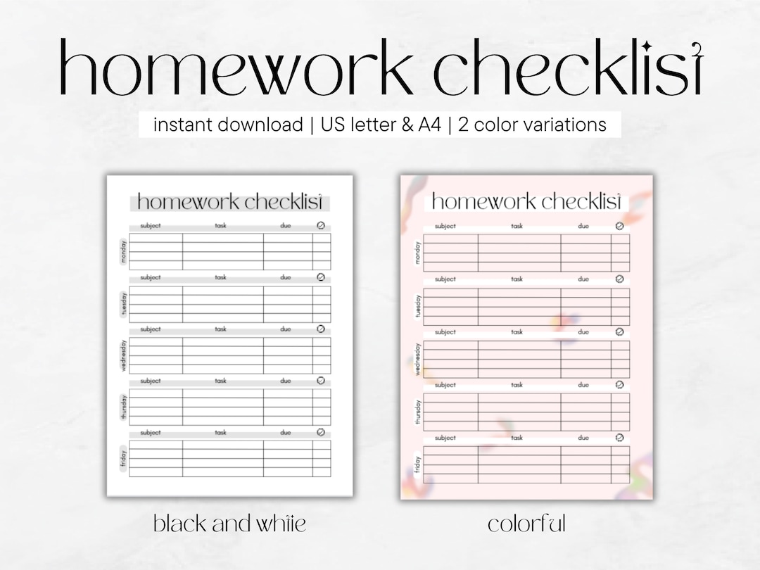 Homework Checklist Printable Planner Printable for Students - Etsy ...