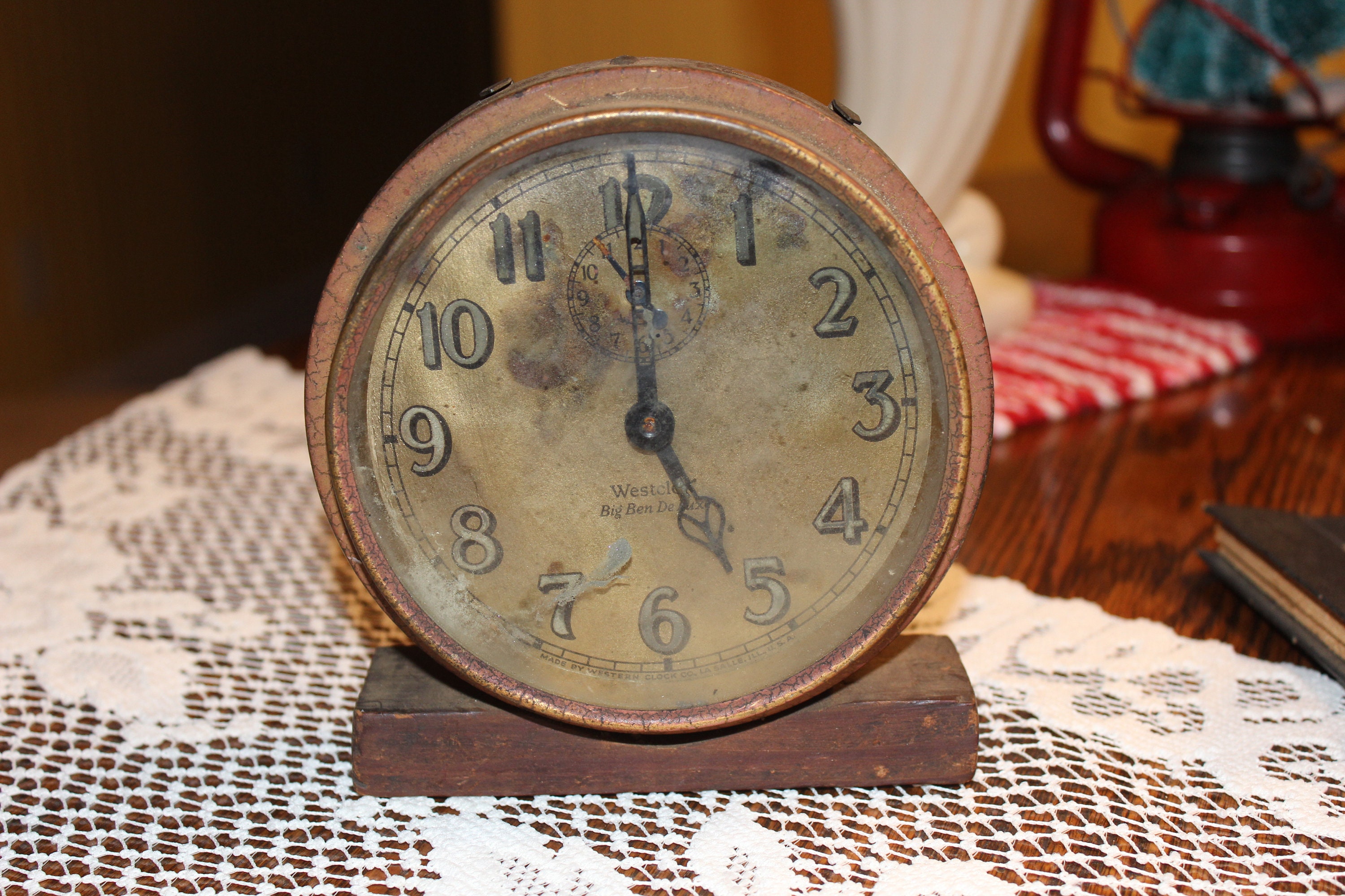 Vintage Rustic Tabletop Metal Clock With Wood Base. This Patina ...