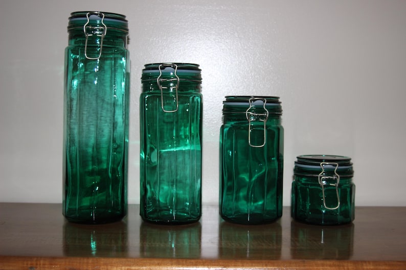 Vintage Emerald Green Glass Canister Jars - Set of 4 Wire Hinged ...