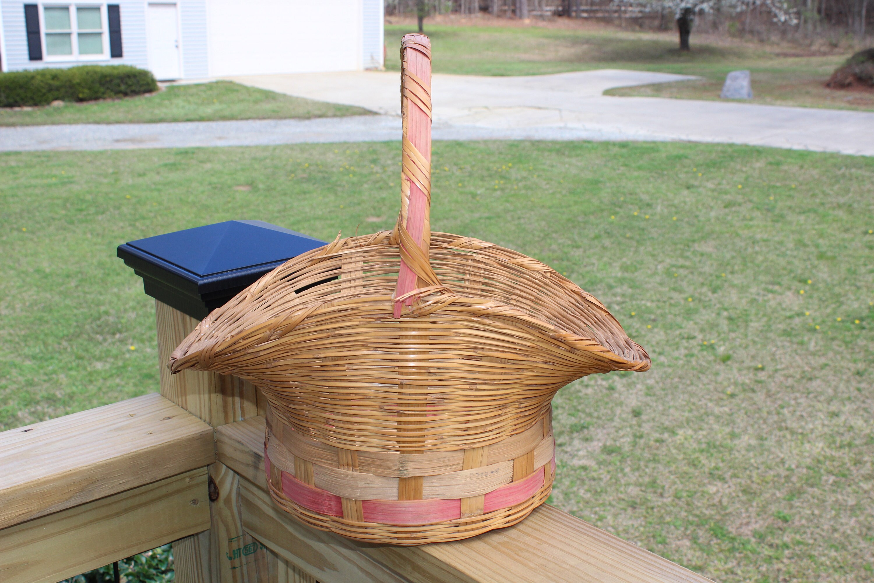 Vintage Large Wicker Bonnet Easter Basket. Pinkish Color Stripe With ...
