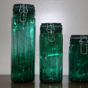 Vintage Emerald Green Glass Canister Jars - Set of 4 Wire Hinged ...
