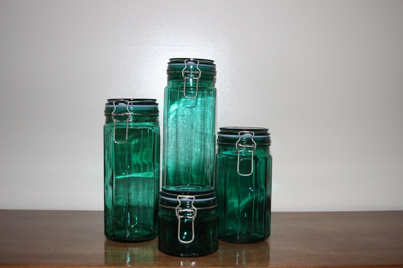 Vintage Set of 4 Emerald Green Glass Canister Jars With Sealed Wire ...