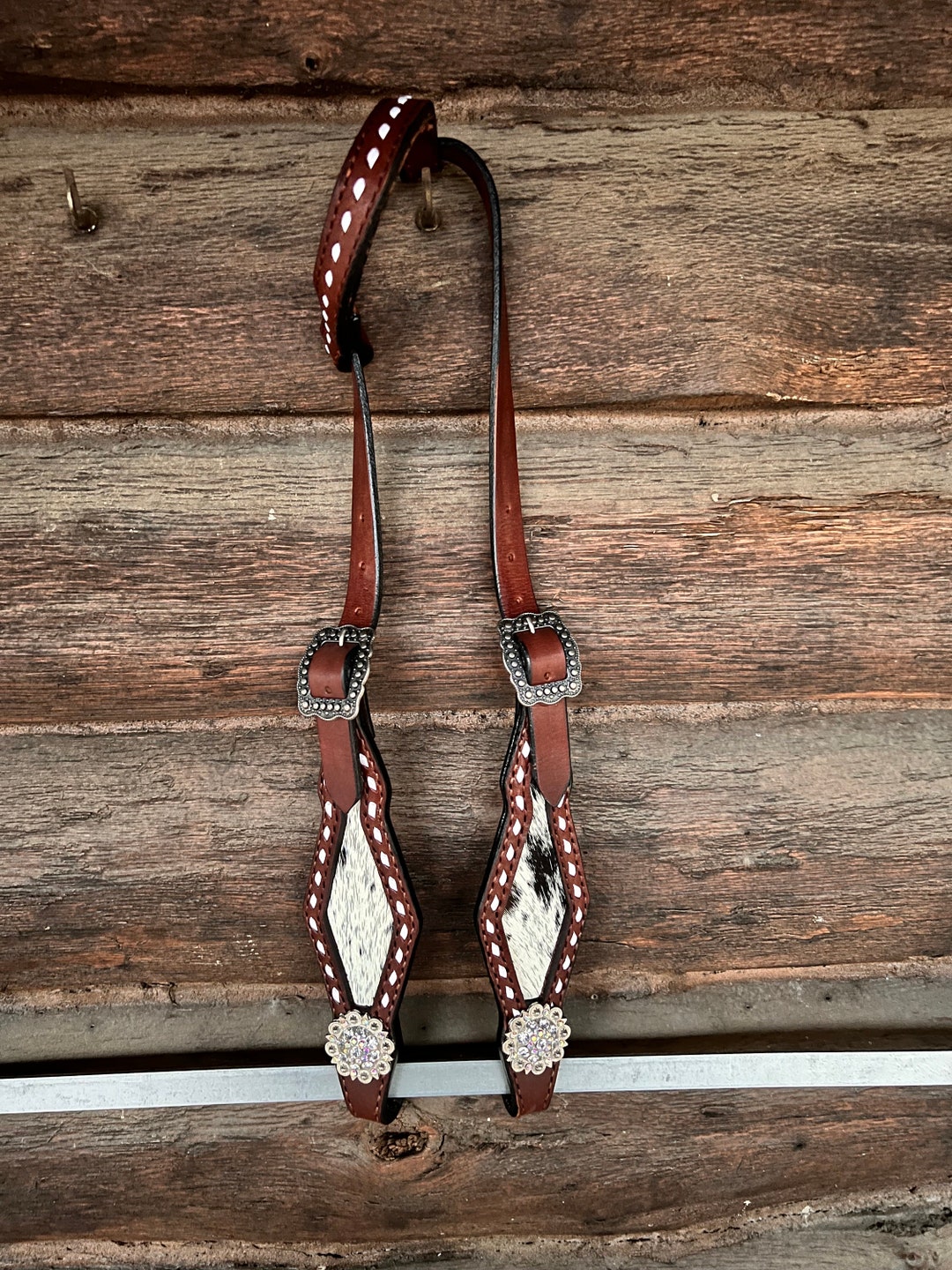 Handcrafted Leather One Ear Headstall With Cowhide Inlay and White ...