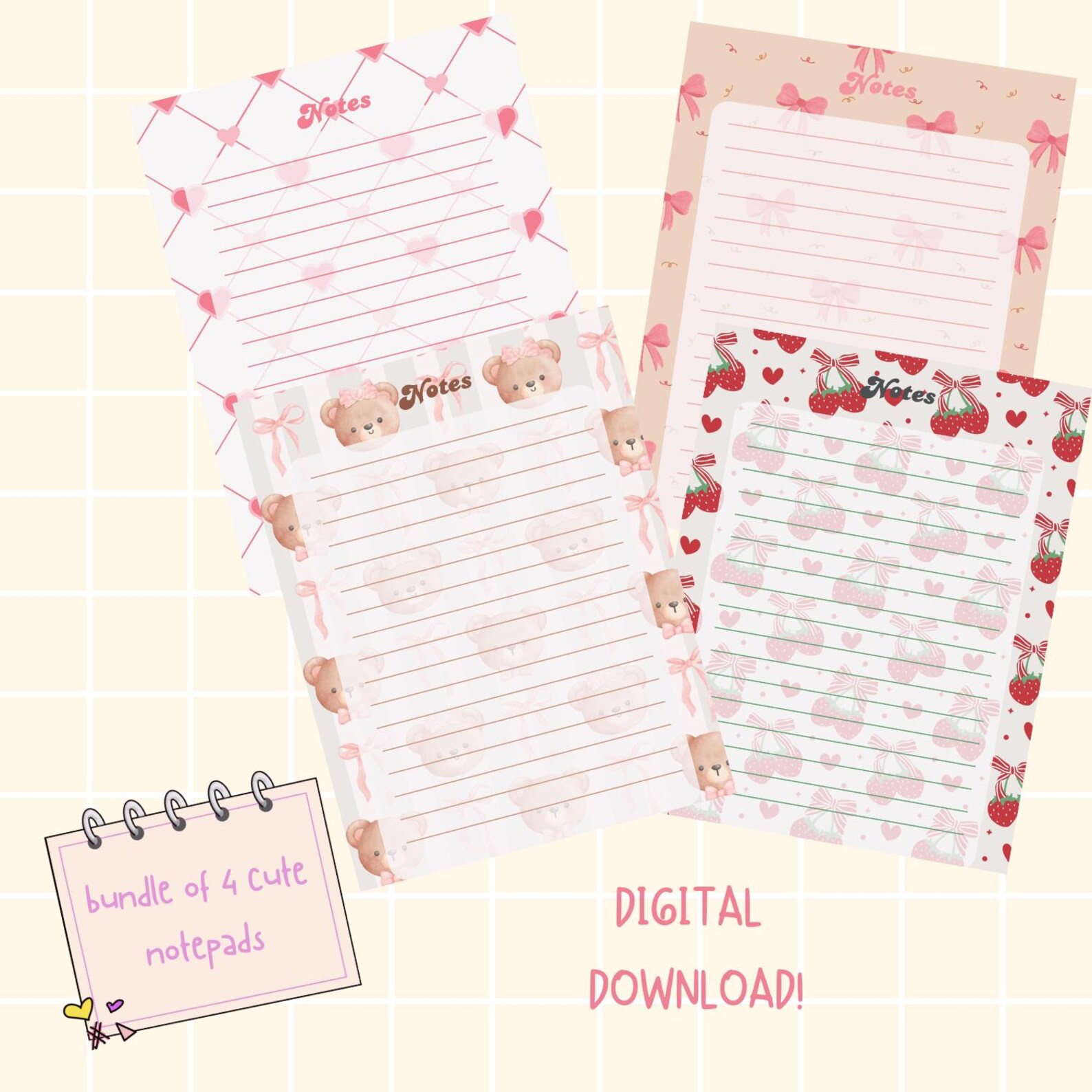 Cute Coquette Notepads | Printable & Digital Notes (set of 4) - Etsy