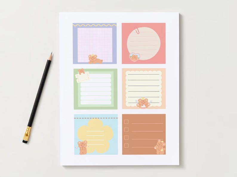Cute Bear Digital-printable Notepads/memo Pads | Aesthetic Colorful ...