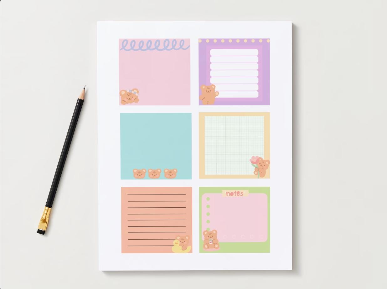Cute Bear Digital-printable Notepads/memo Pads | Aesthetic Colorful ...