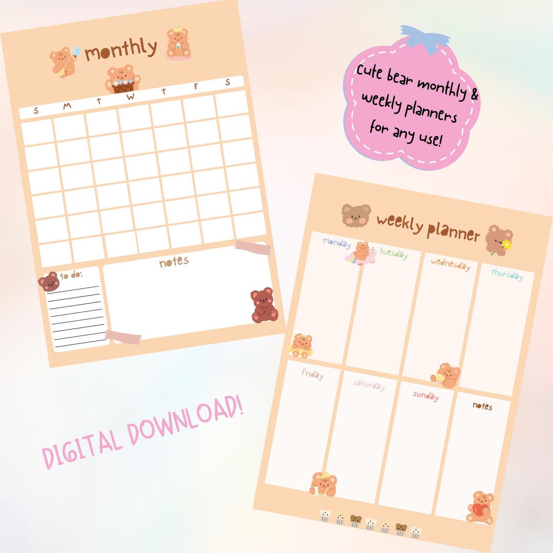 DIGITAL and PRINTABLE Cute Bear Monthly and Weekly Planner/calendar ...