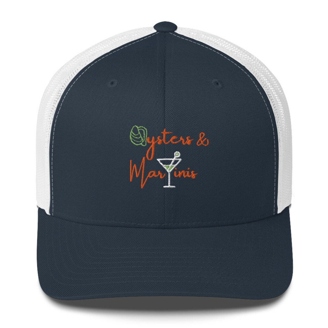 Oysters & Martinis Trucker Hat - Oyster Logo and Trendy Martini Glass ...