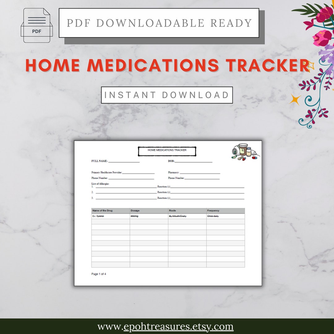 Home Medications Tracker Digital PDF Form, Patient Home Medications Log Sheet, Patient ...