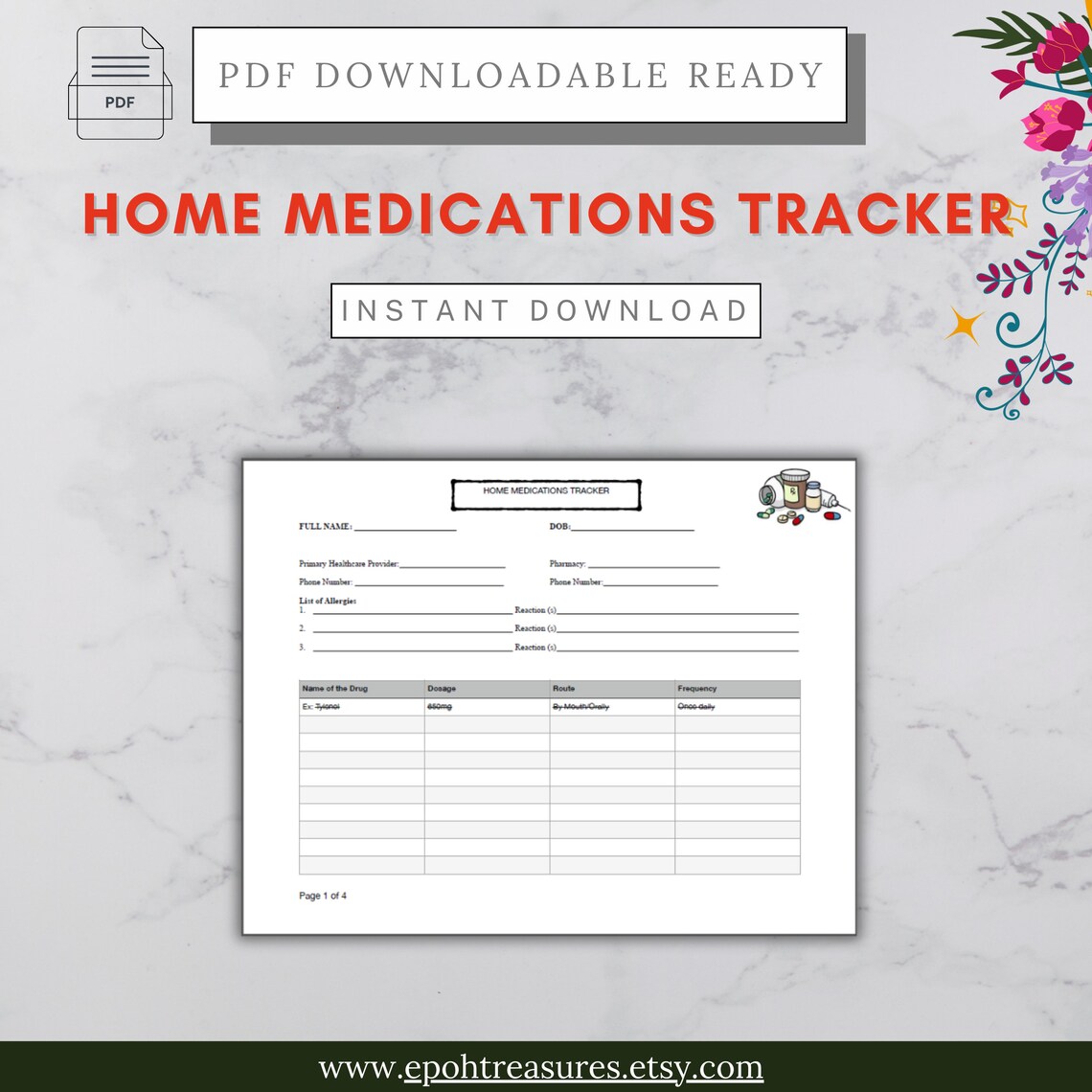 Home Medications Tracker Digital PDF Form, Patient Home Medications Log ...