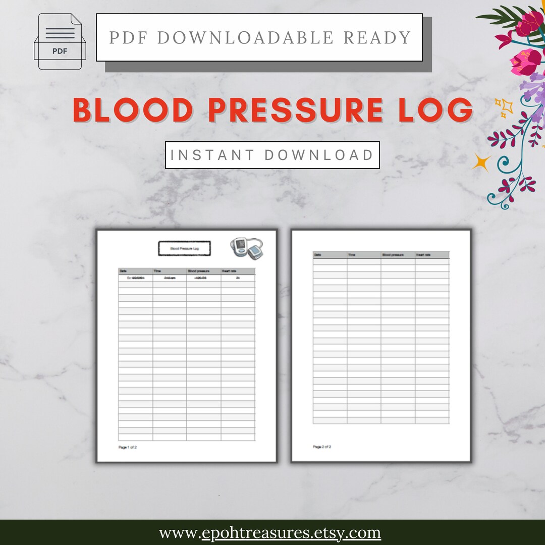Blood Pressure Log Digital PDF Form, Blood Pressure Sheet, Patient BP Log, Printable Digital ...