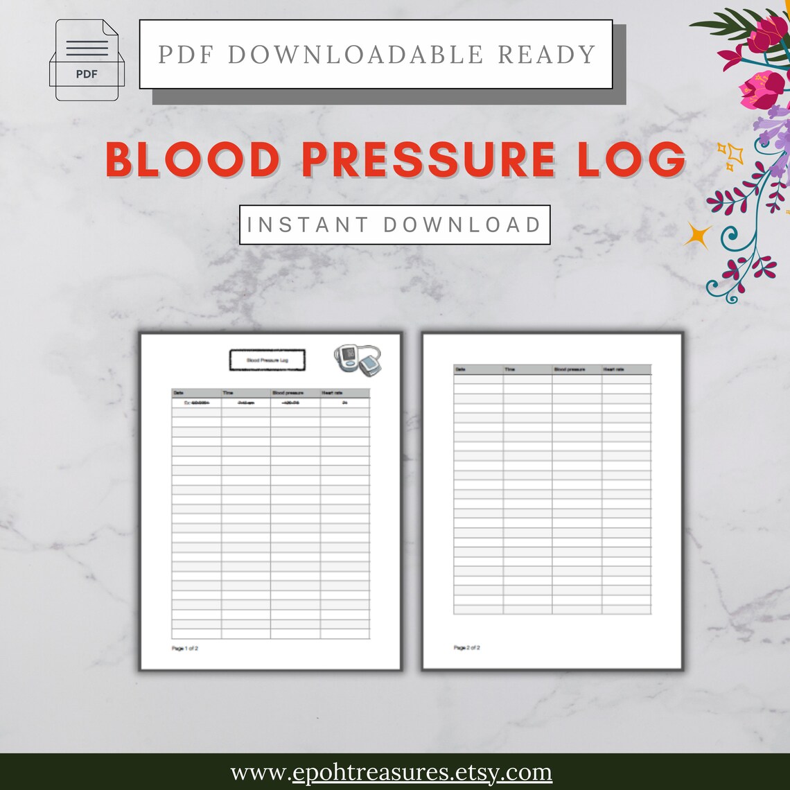 Blood Pressure Log Digital PDF Form, Blood Pressure Sheet, Patient BP ...