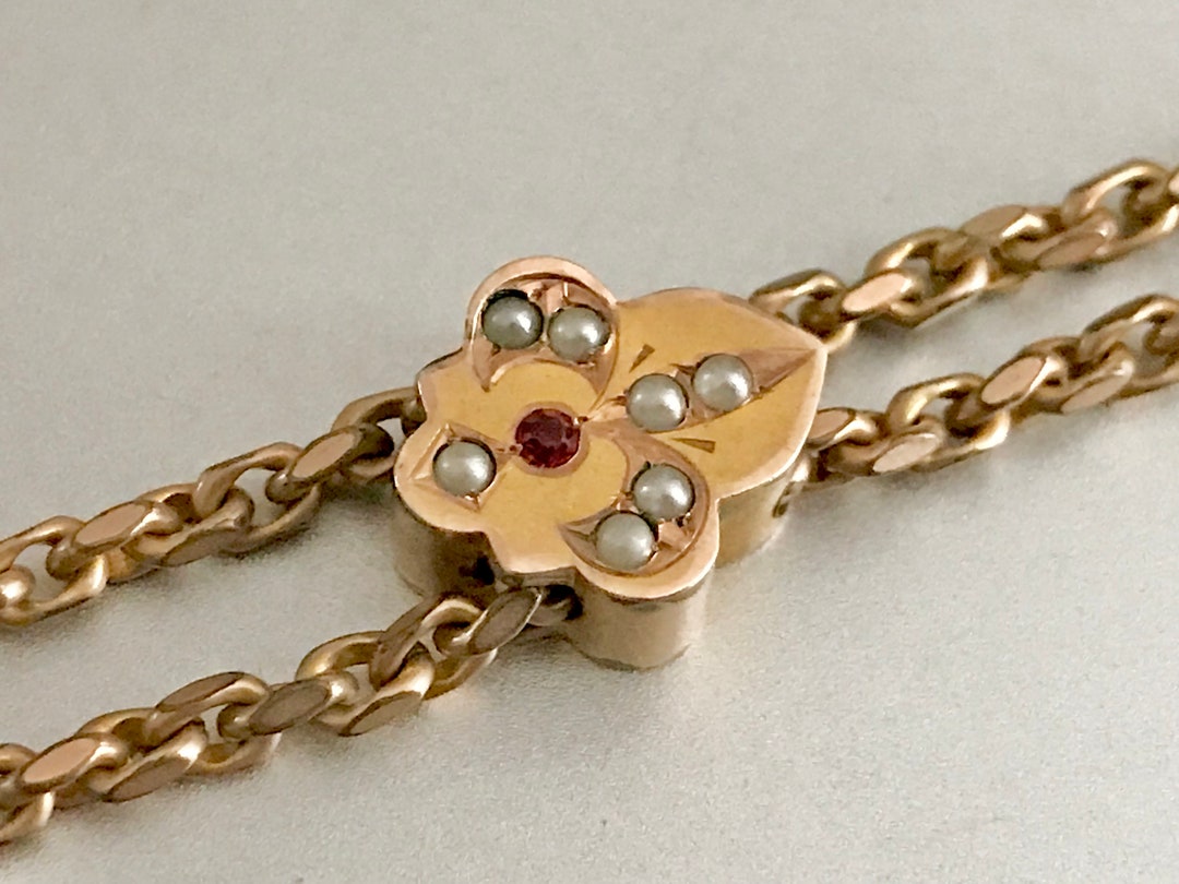 Antique Victorian Pocket Watch Slide Chain / Seed Pearl / Ruby Glass ...