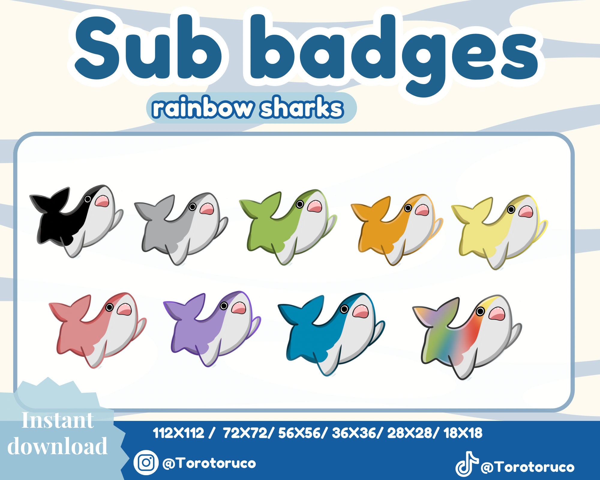 Rainbow Cute Kawaii Shark Twitch Sub Bit Badges Ocean Themed - Etsy