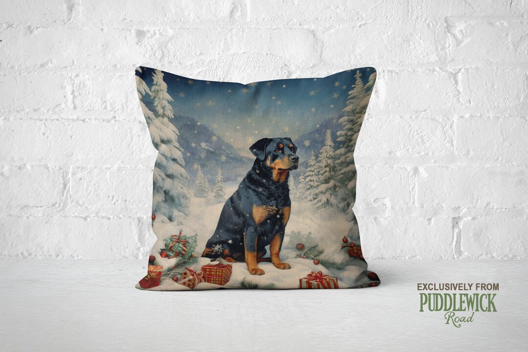 Winter Rottweiler Pillow: Rustic Cabin Christmas Decor, Dog Lover Gift ...