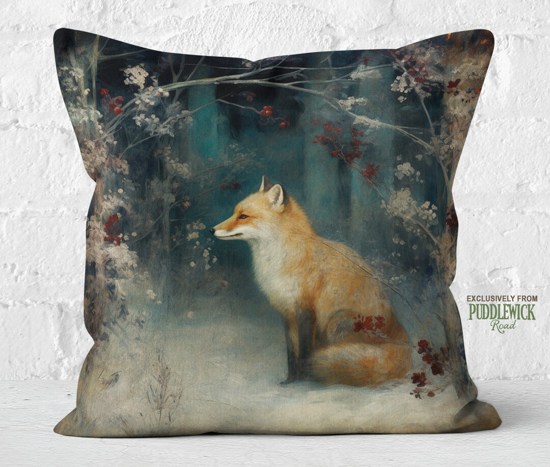 Enchanted Vulpine Muse Pillow, Fox in Twilight Grove Cushion, Moody Blue Rustic Elegance, Fox ...