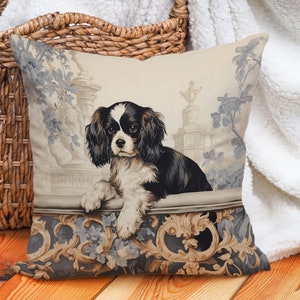 Tricolor Cavalier King Charles Spaniel Pillow, Blue Floral Accents ...
