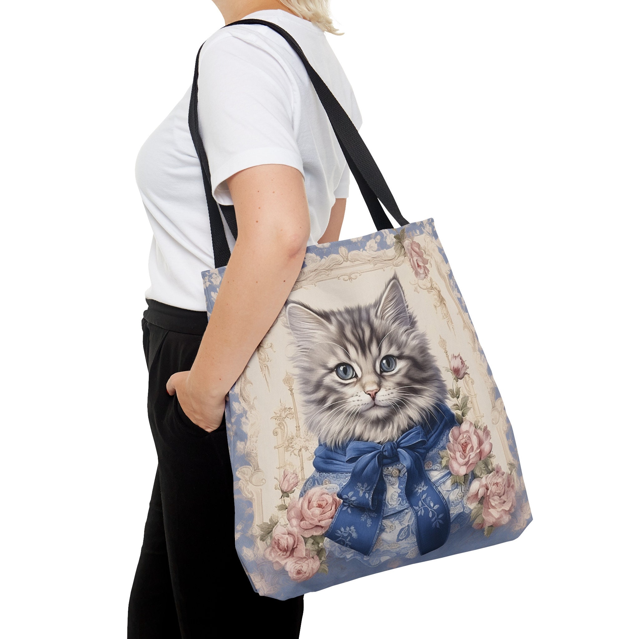 Fluffy Kitten Tote Bag Grey Cat With Blue Bow Floral - Etsy