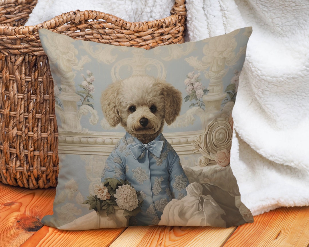 Poodle Vintage Floral Pillow, Shabby Chic Light Blue Cream, Poodle ...