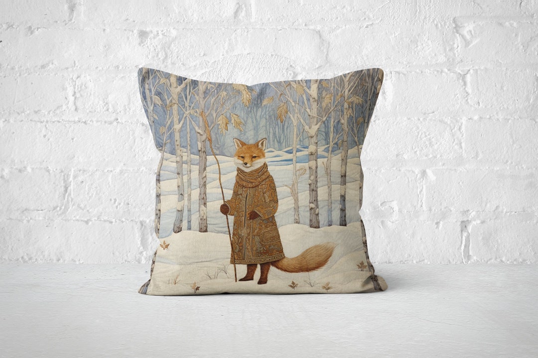 Winter Fox Pillow - Elegant Snowy Forest Scene, Rustic Blue and White ...