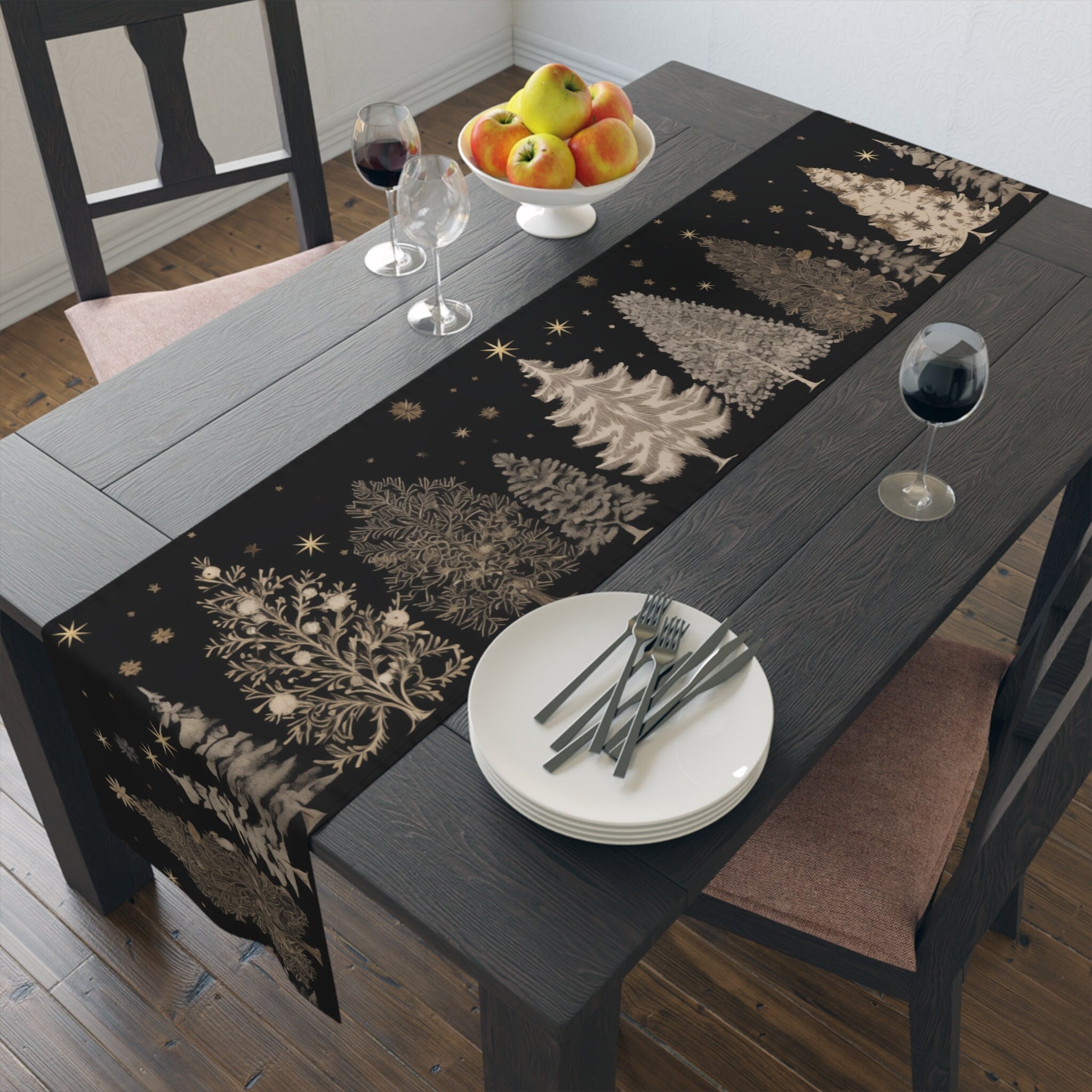 Midnight Botanical Christmas Table Runner: Gold Star Holiday Decor - Etsy