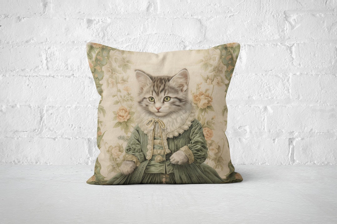 Regal Cat in Green Dress Pillow Baroque Rococo Cream Pink Green Floral ...