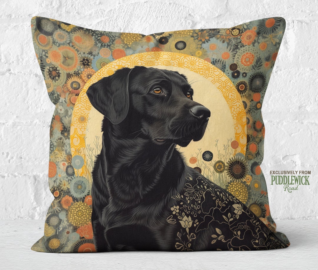 Black Labrador Retriever Golden Hour Pillow, Modern Art Deco Flourish ...