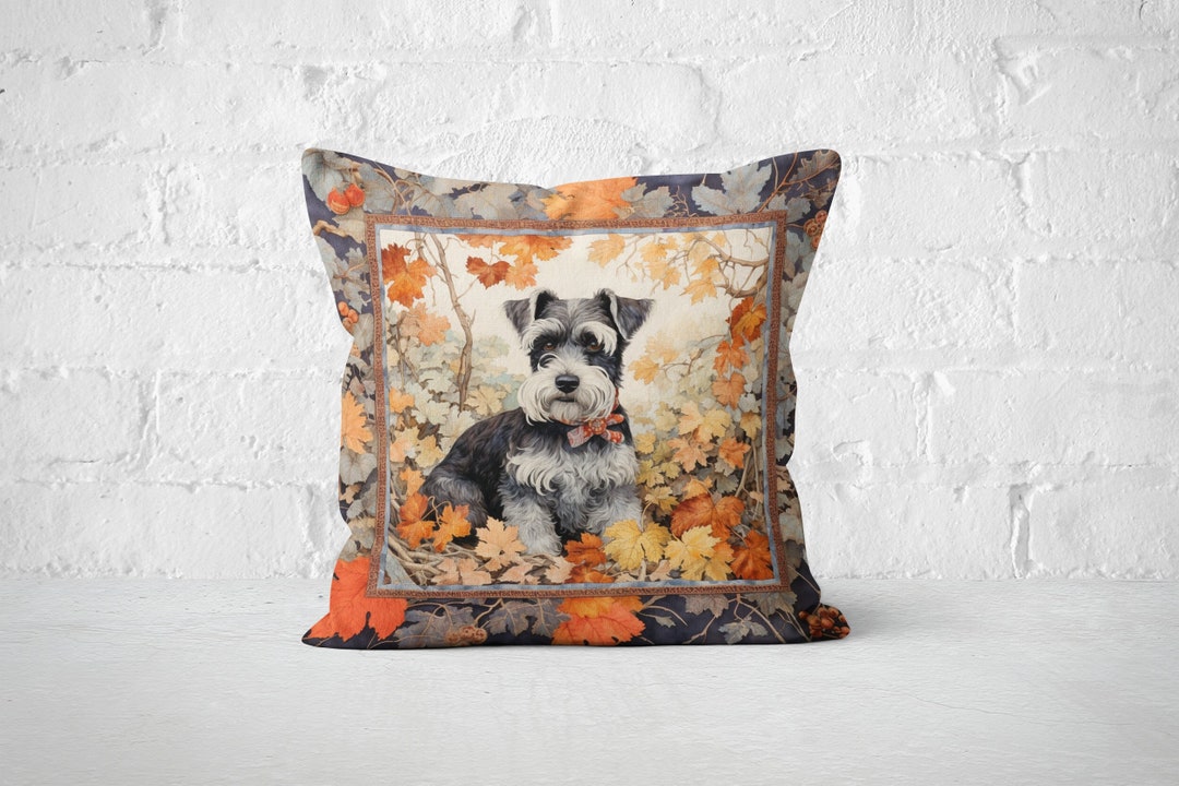 Thanksgiving Schnauzer Pillow - Fall Foliage Schnazuer Cushion, Playful ...