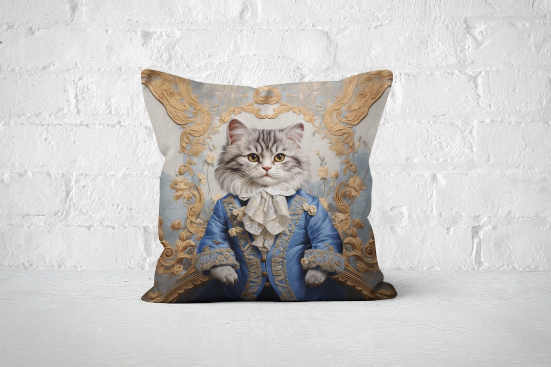 Stately Cat in Blue Pillow, Baroque Blue Gold Accents, Living Room ...