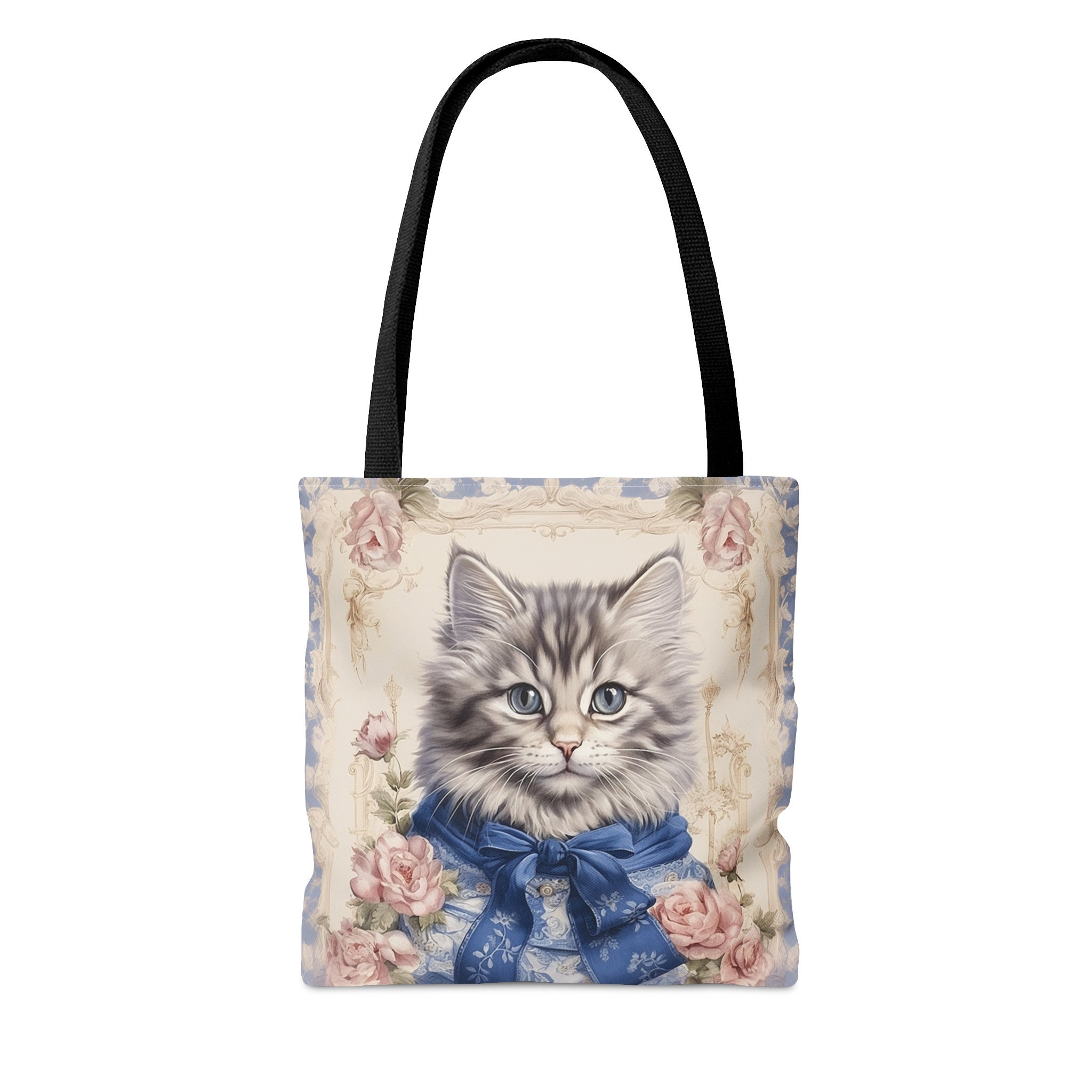 Fluffy Kitten Tote Bag Grey Cat With Blue Bow Floral - Etsy