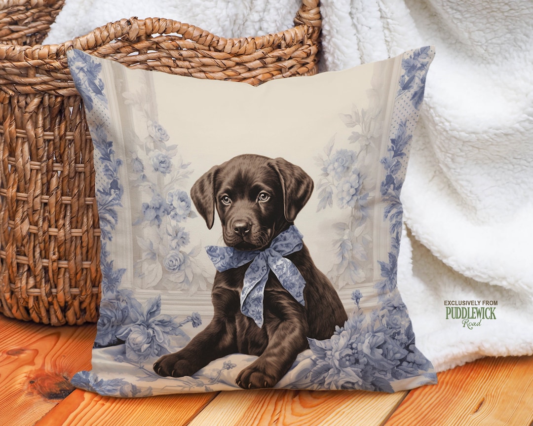 Blue Blossom Lab Pillow Chocolate Labrador Puppy Floral Charm Beige ...