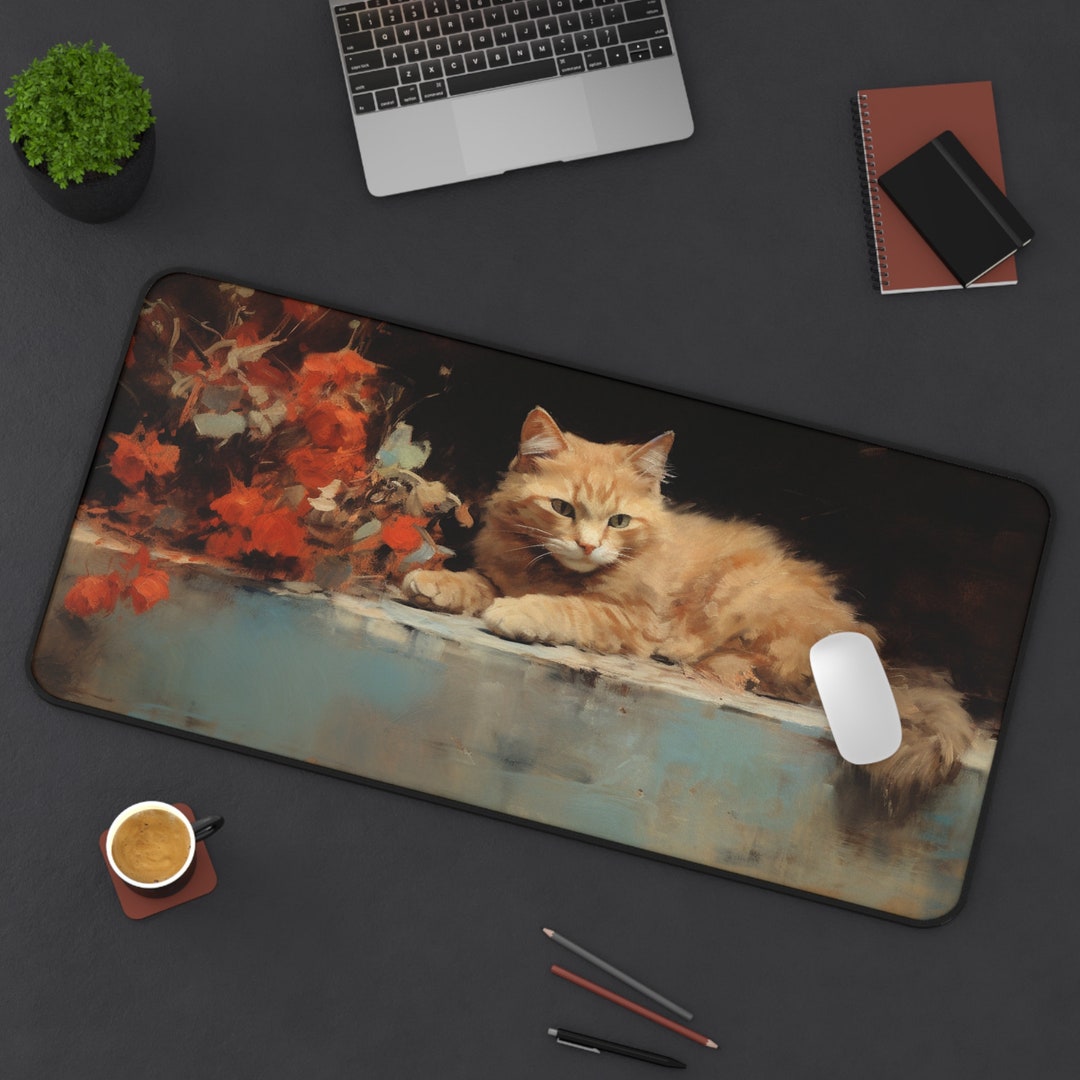 Autumn Feline Grace Desk Mat, Cat Lover Gift, Elegant Mouse Pad, Cat ...