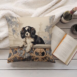 Tricolor Cavalier King Charles Spaniel Pillow, Blue Floral Accents ...