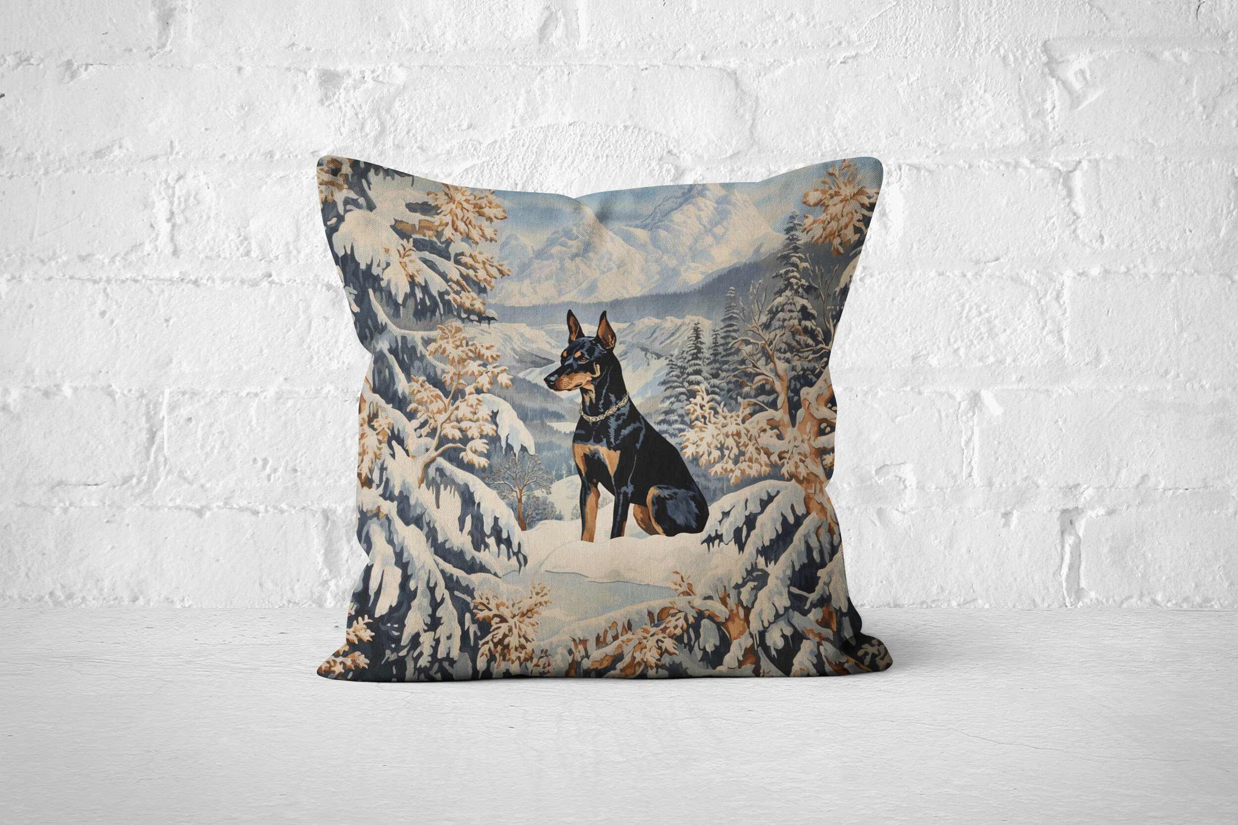 Doberman Winter Landscape Pillow Rustic Vintage Cottagecore, Blue Cream ...