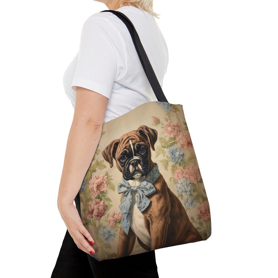 Boxer With Bow Tote Bag, Pastel Floral Background, Boxer Lover Gift ...