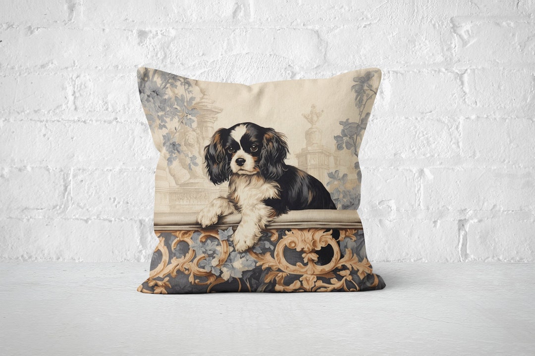 Tricolor Cavalier King Charles Spaniel Pillow, Blue Floral Accents ...