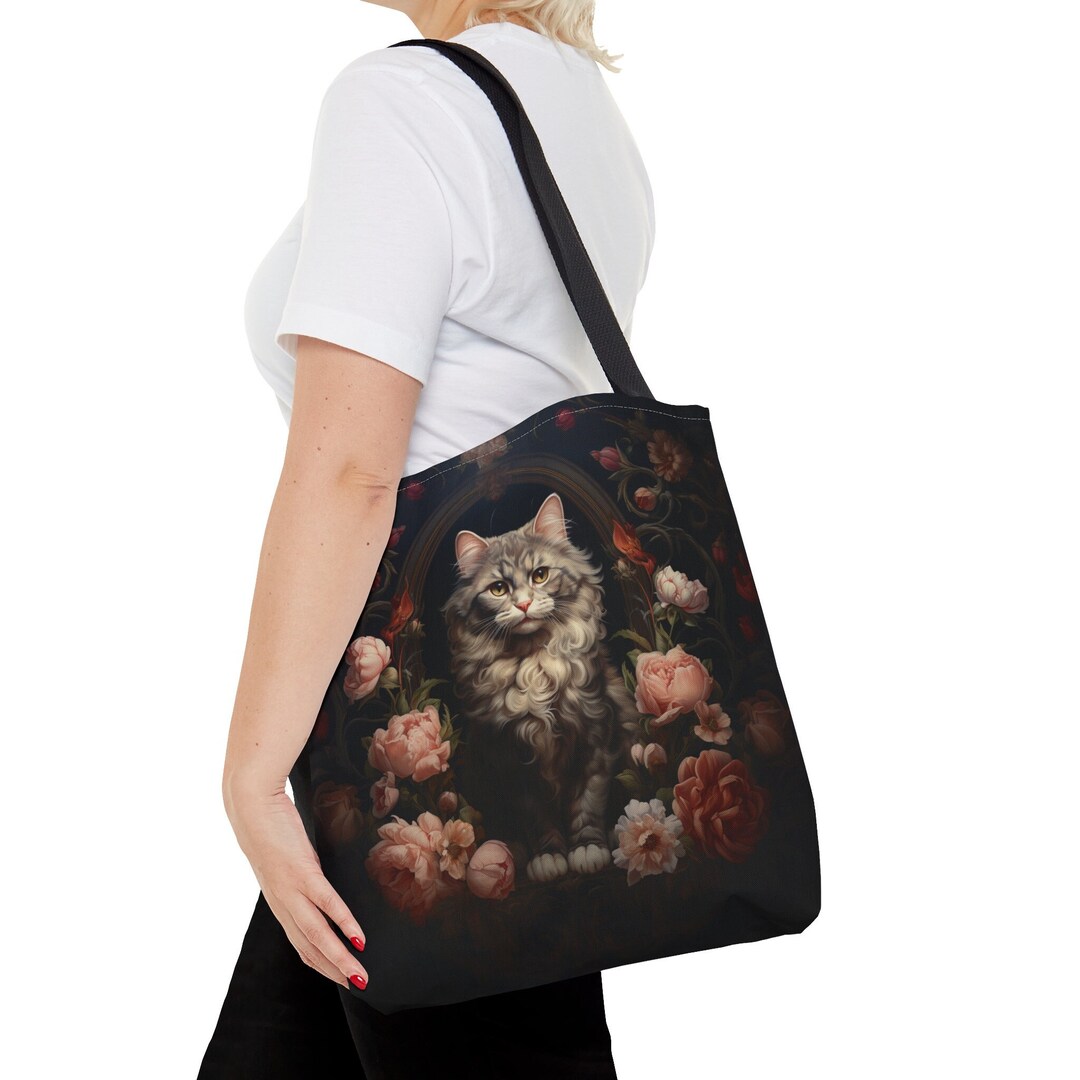 Majestic Cat Portrait Tote Bag, Regal Feline Amidst Lush Roses, Gothic ...