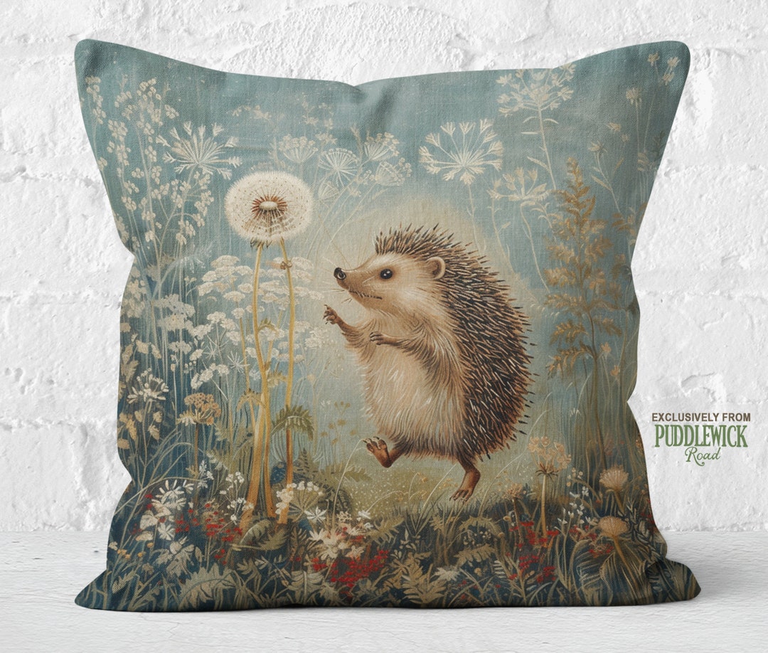 Whimsy Puff Hedgehog Pillow, Cottagecore Charm, Sage Floral Hedgehog ...