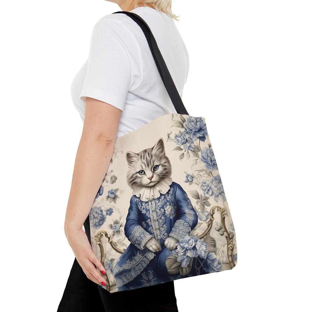 Regal Kitten Tote Bag, Victorian Cat in Blue Dress, Canvas Shopping Bag ...