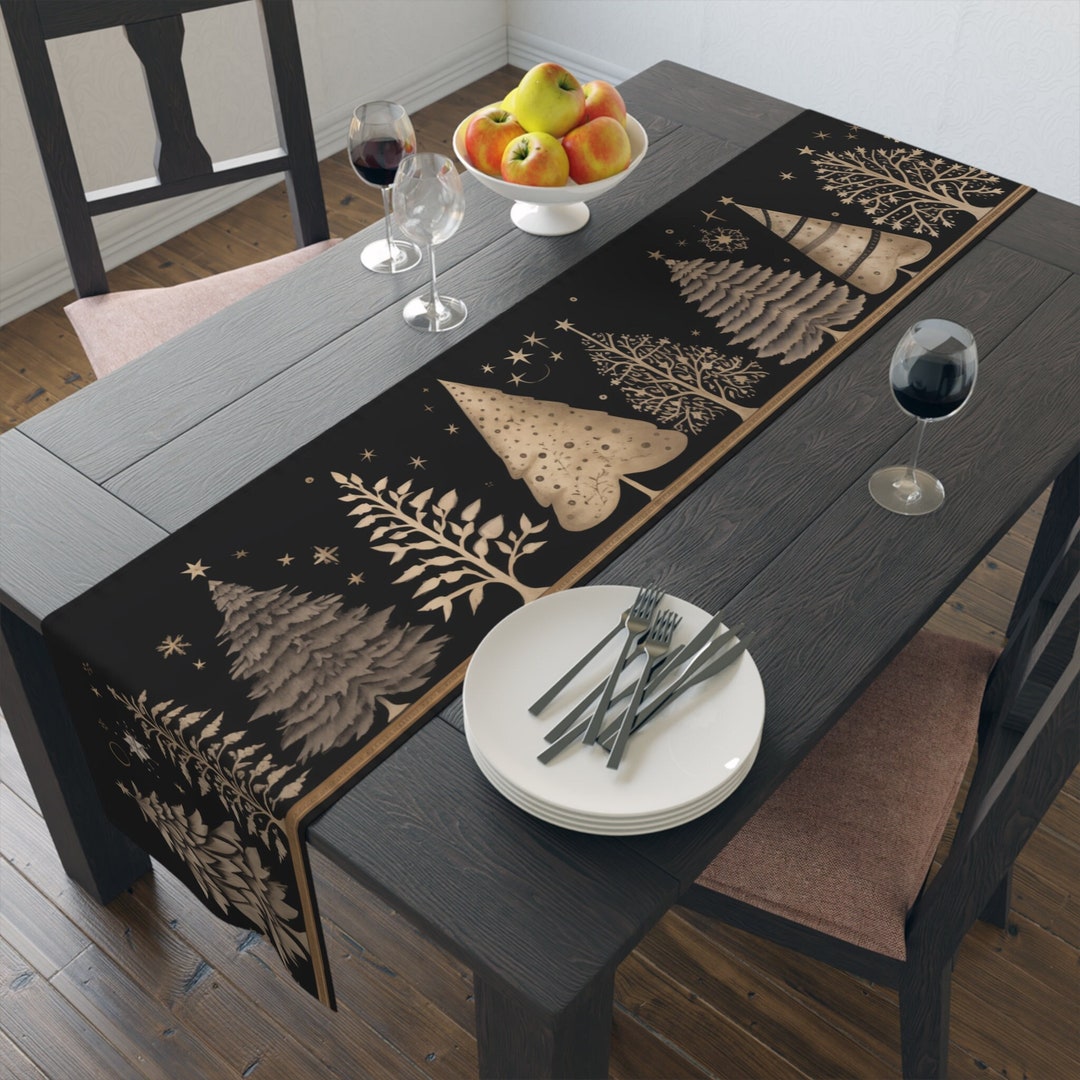 Starry Forest Christmas Table Runner: Gold Accent Holiday Table Linen ...