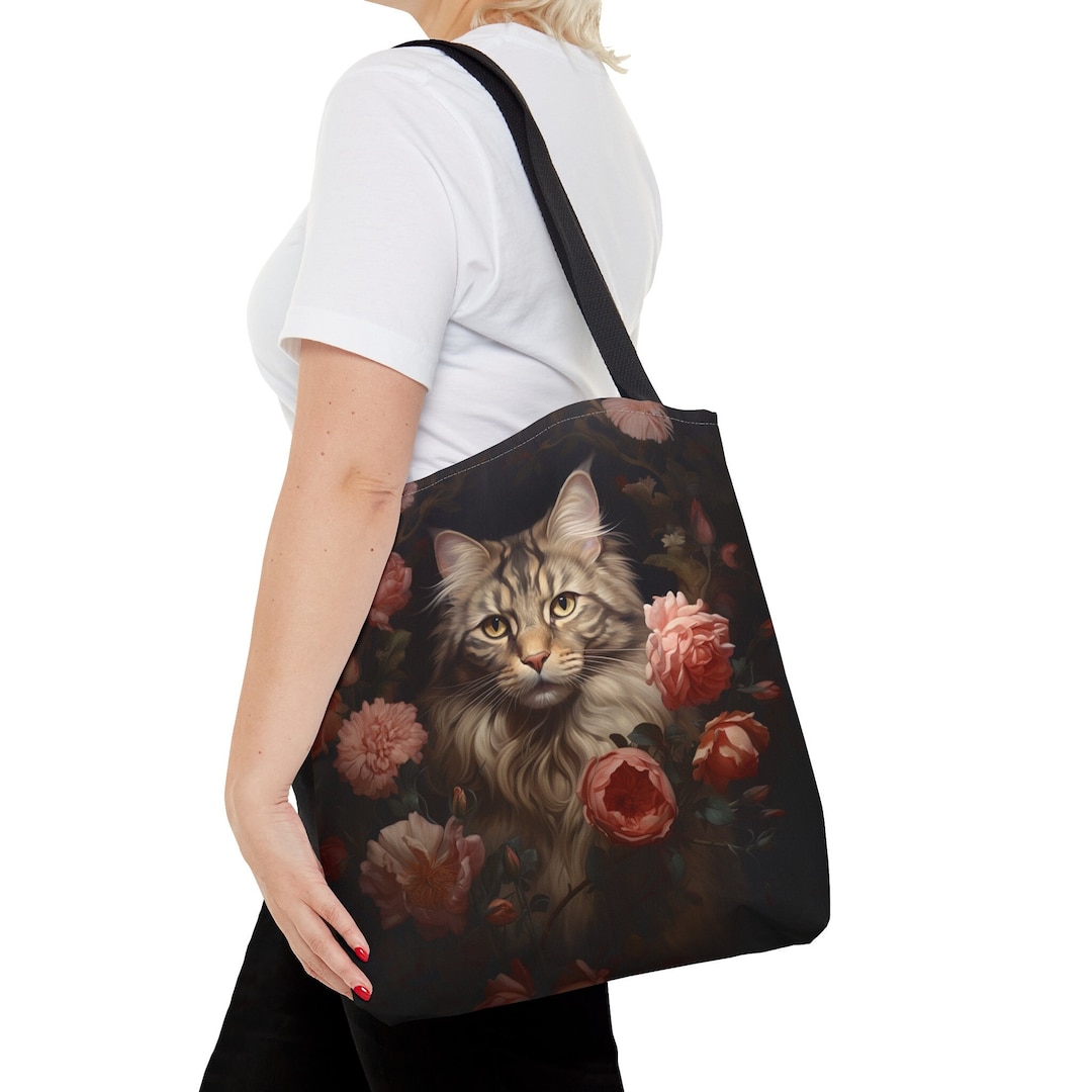 Lush Floral Tabby Cat Tote Bag, Canvas Carryall, Deep Rose Bloom Design ...