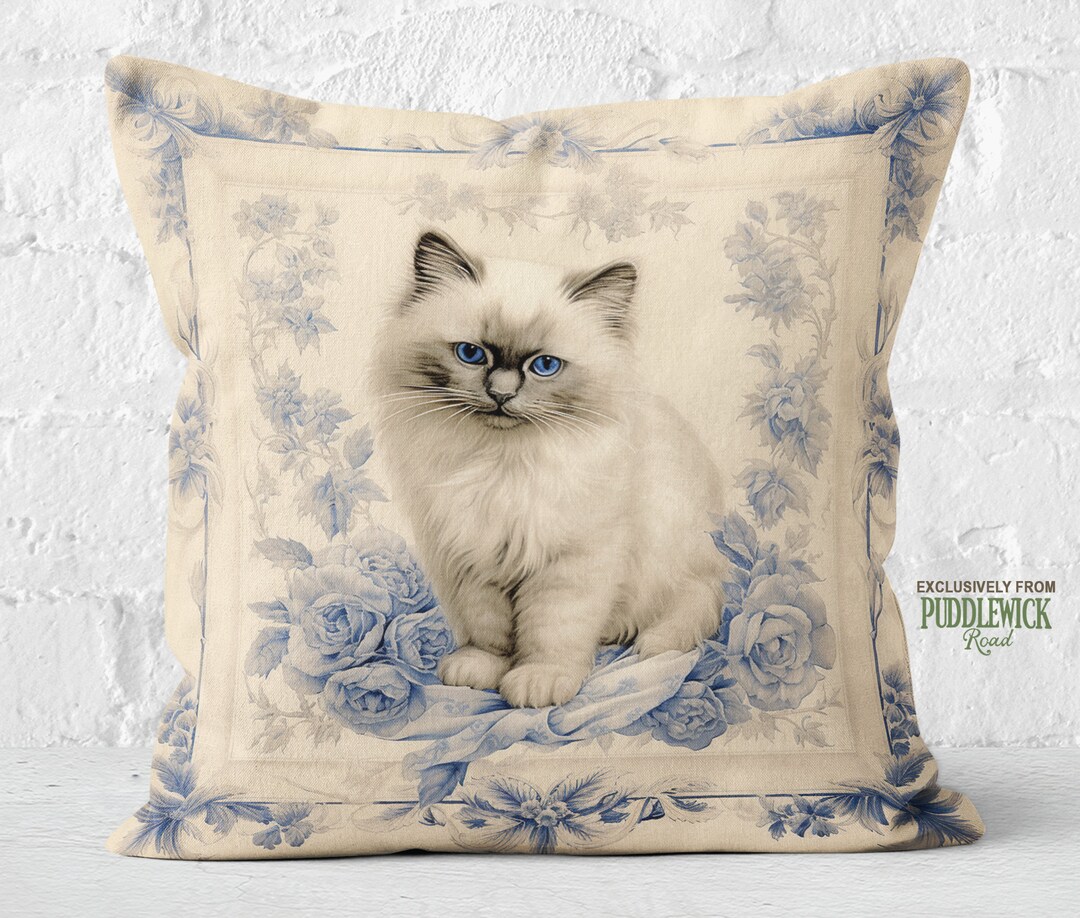Celestial Softness Birman Cat Pillow, French Toile Floral in Classic ...