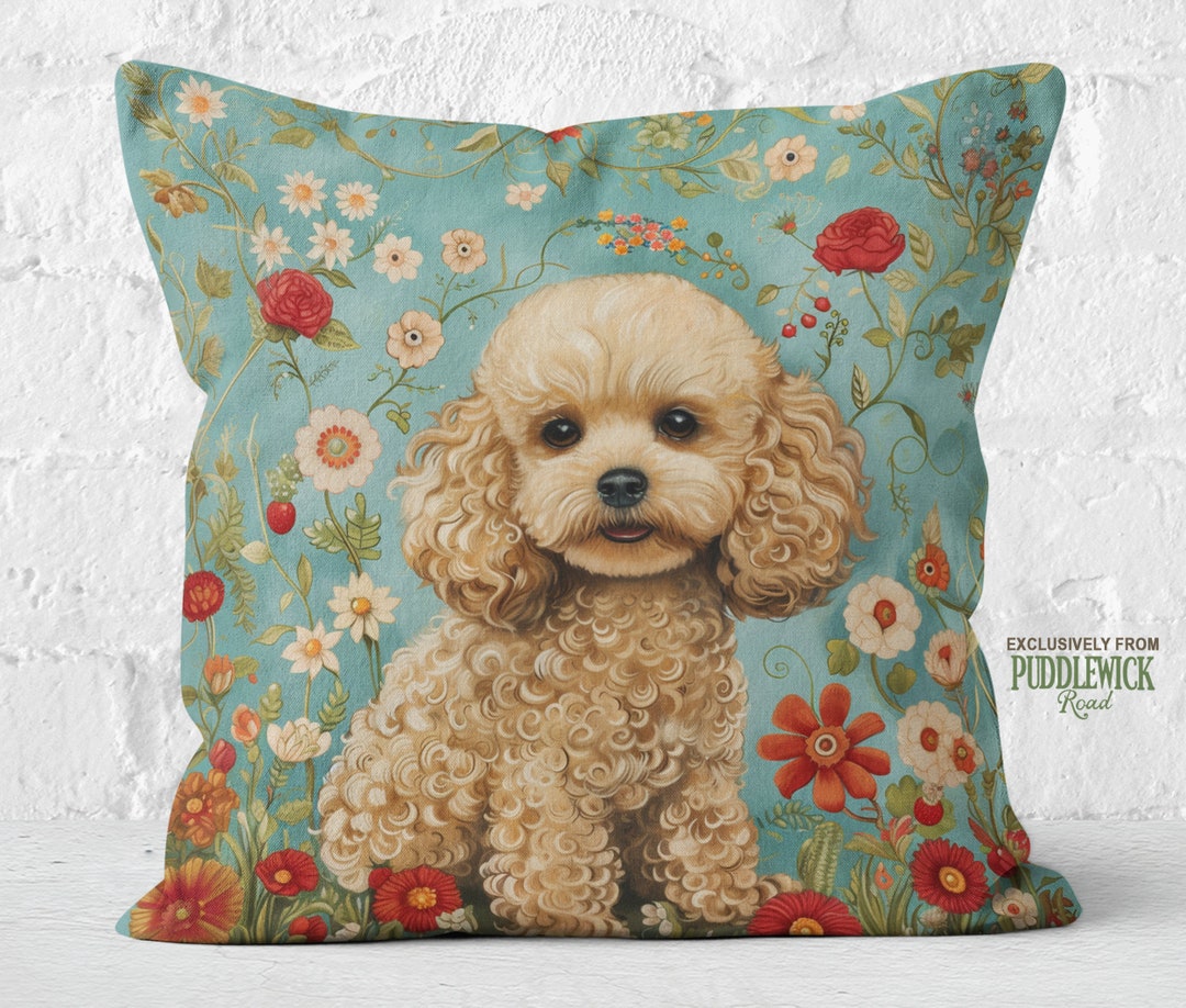 Toy Poodle Pillow: Floral Sky Blue & Coral Faux Suede Cushion - Etsy