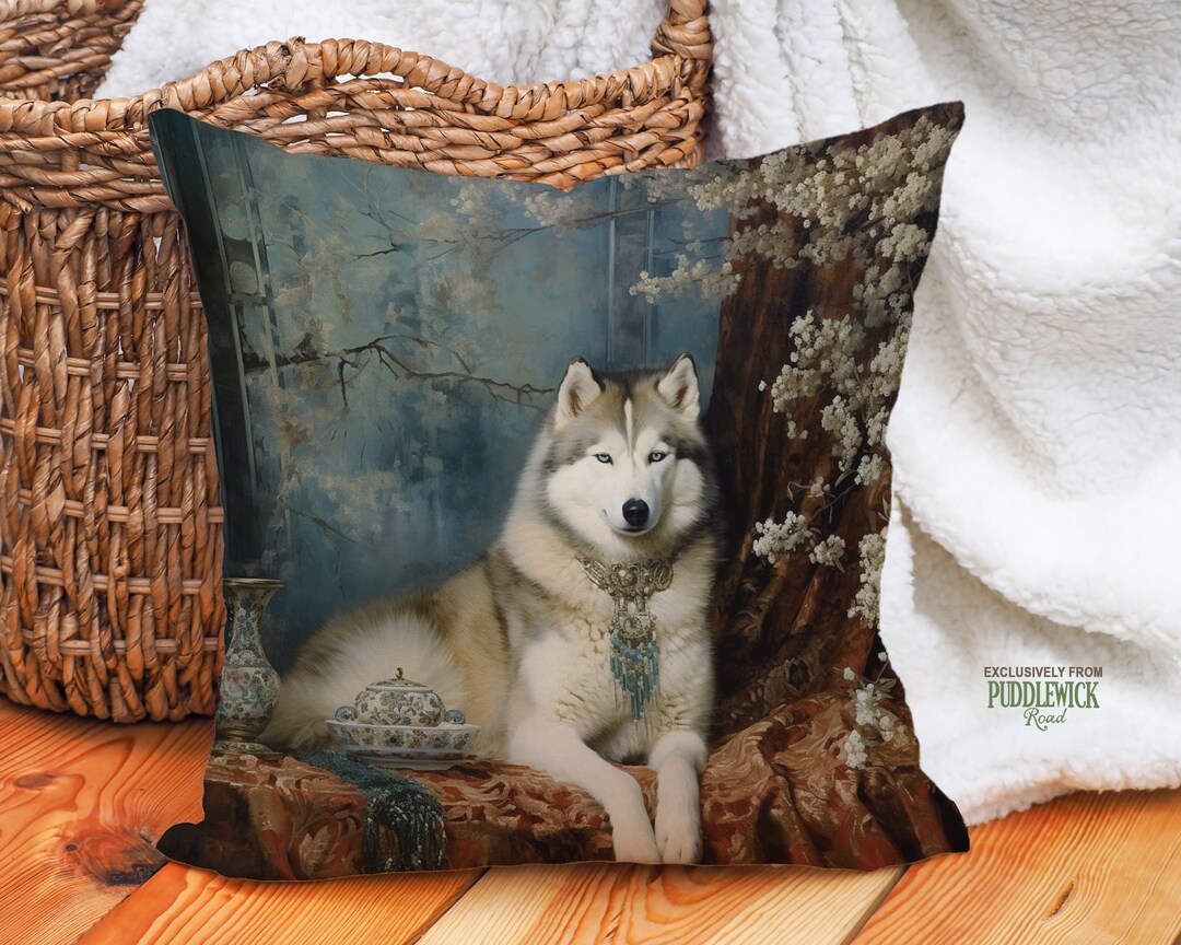 Regal Siberian Husky Pillow, Aristocratic Husky Elegance, Teal and ...