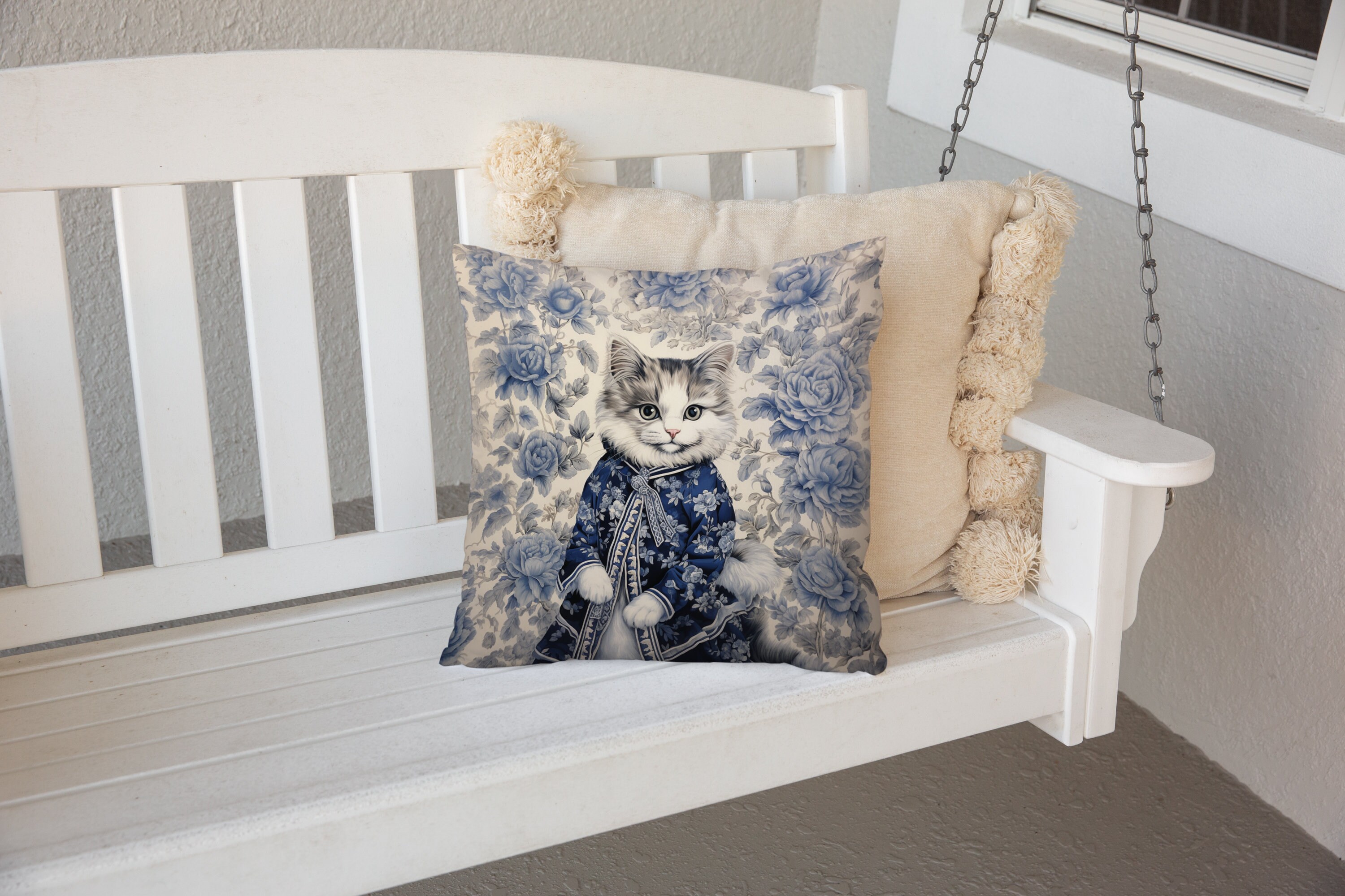 Regal Cat Pillow, Blue Floral Kimono, French Toile, Farmhouse ...