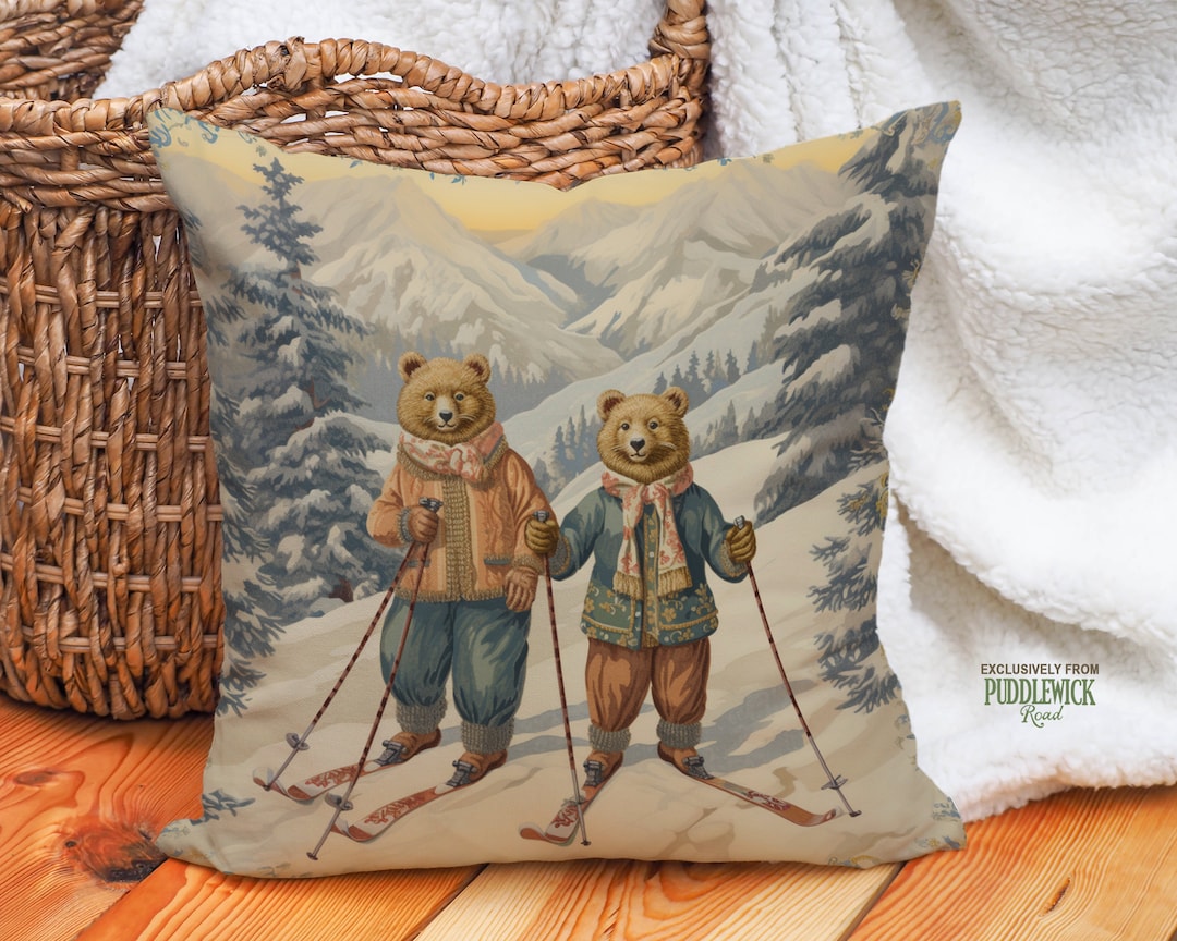 Skiing Bear Couple Snow-capped Mountains Pillow, Bear Lover Gift, Cozy Cabin Decor, Rustic ...